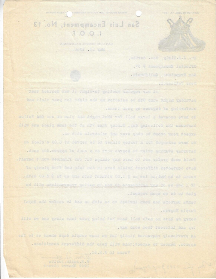 1940 Letter, Odd Fellows San Luis Obispo Encampment No. 13, I.O.O.F ...