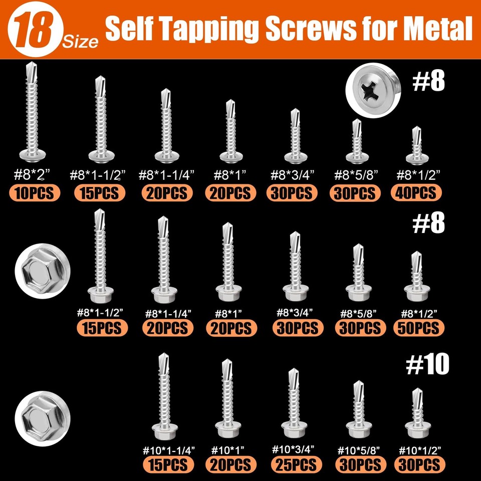 450PCS #8#10 Self Drilling Screws Self Tapping Screws for Metal, TEK ...