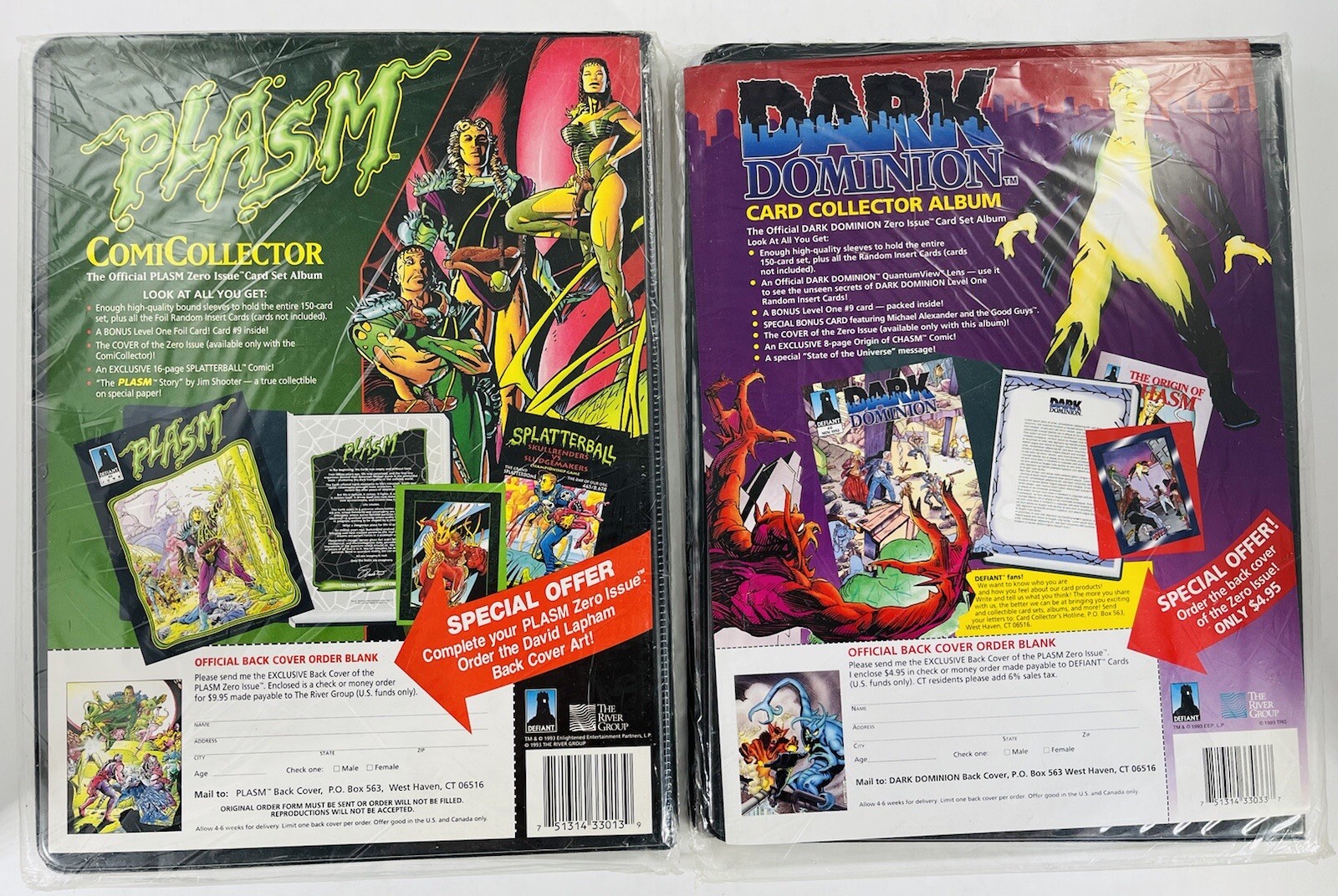 2 DEFIANT COMICS CARD SET ALBUMS SEALED 1993 DARK DOMINION PLASM W EXC ...