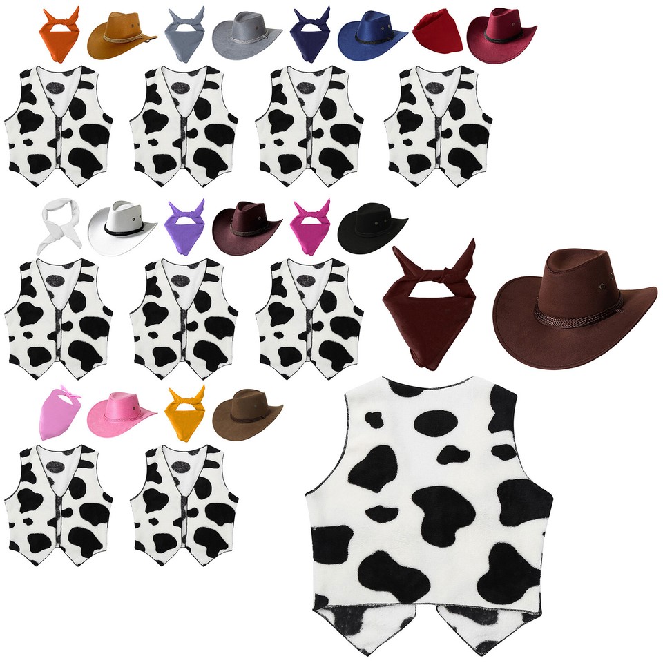 Kids Girls/Boys Western Costume Cow Print Vest with Cowboy Hat Cowgirl ...