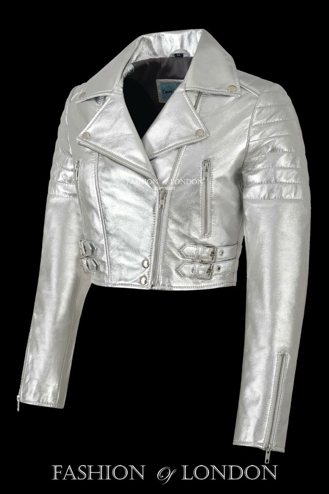 PROVOCATIVE Cropped Ladies Leather Jacket Silver Biker Rock Style Short ...
