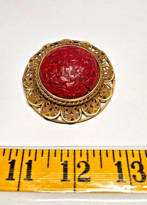 Vintage faux Coro cinnabar? Gold Toned Filigree Brooch Red center | eBay