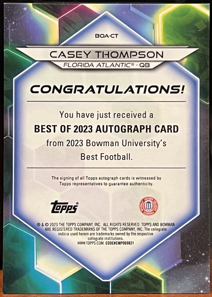 CASEY THOMPSON 2023 Bowman’s Best University #BOA-CT GOLD REFRACTOR ...