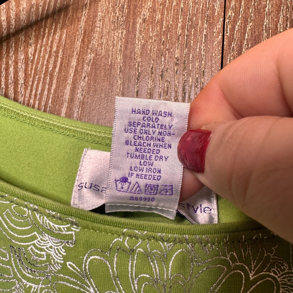 Susan Graver Green Silver Floral 3/4 Sleeve Boat Neck Cotton Spandex ...