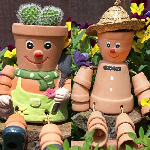 Mix Set Of 2 Terracotta Flower Plant Pot Man Bill & Ben Garden Ornament ...
