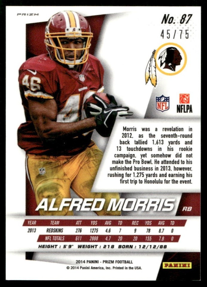 H896 ALFRED MORRIS 2014 PANINI PRIZM NFL SHIELD RED 45/75 WASHINGTON ...