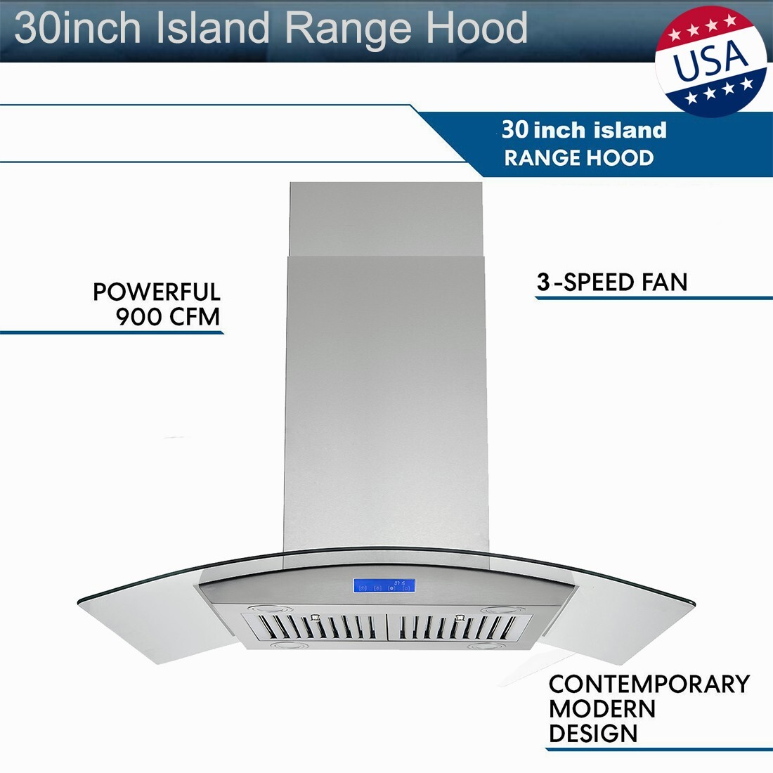 Island Mounted Range Hood 30 inch Kitchen Cooker Hood 900 CFM Tempered ...