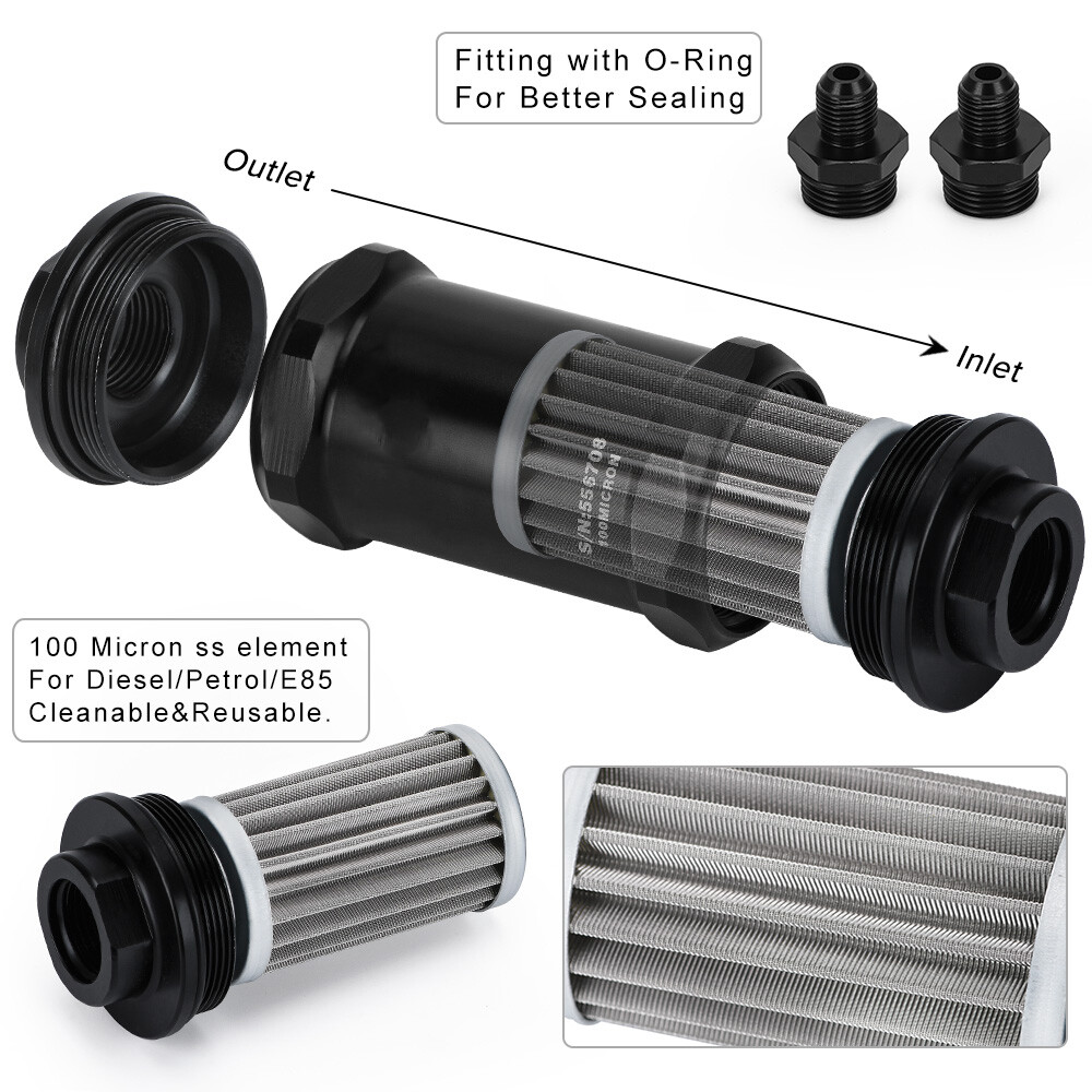 Fuel Filter E85 Ethanol AN6 AN8 AN10 W/100 Micron Stainless Steel ...