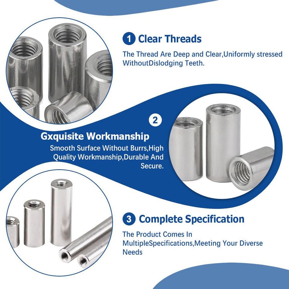 M3 M4 M5 M6 M8 Round Threaded Stud Connector Long Nuts A2 Stainless ...