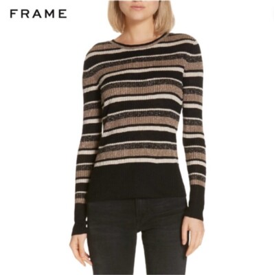FRAME Metallic Striped Rib Knit Sweater Gold Black Wool Blend Women's ...