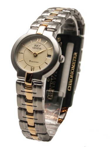 GQI GENEVA:WOMEN'S STAINLESS STEEL BAND WITH GOLD TONE ROUND CASE DATE ...