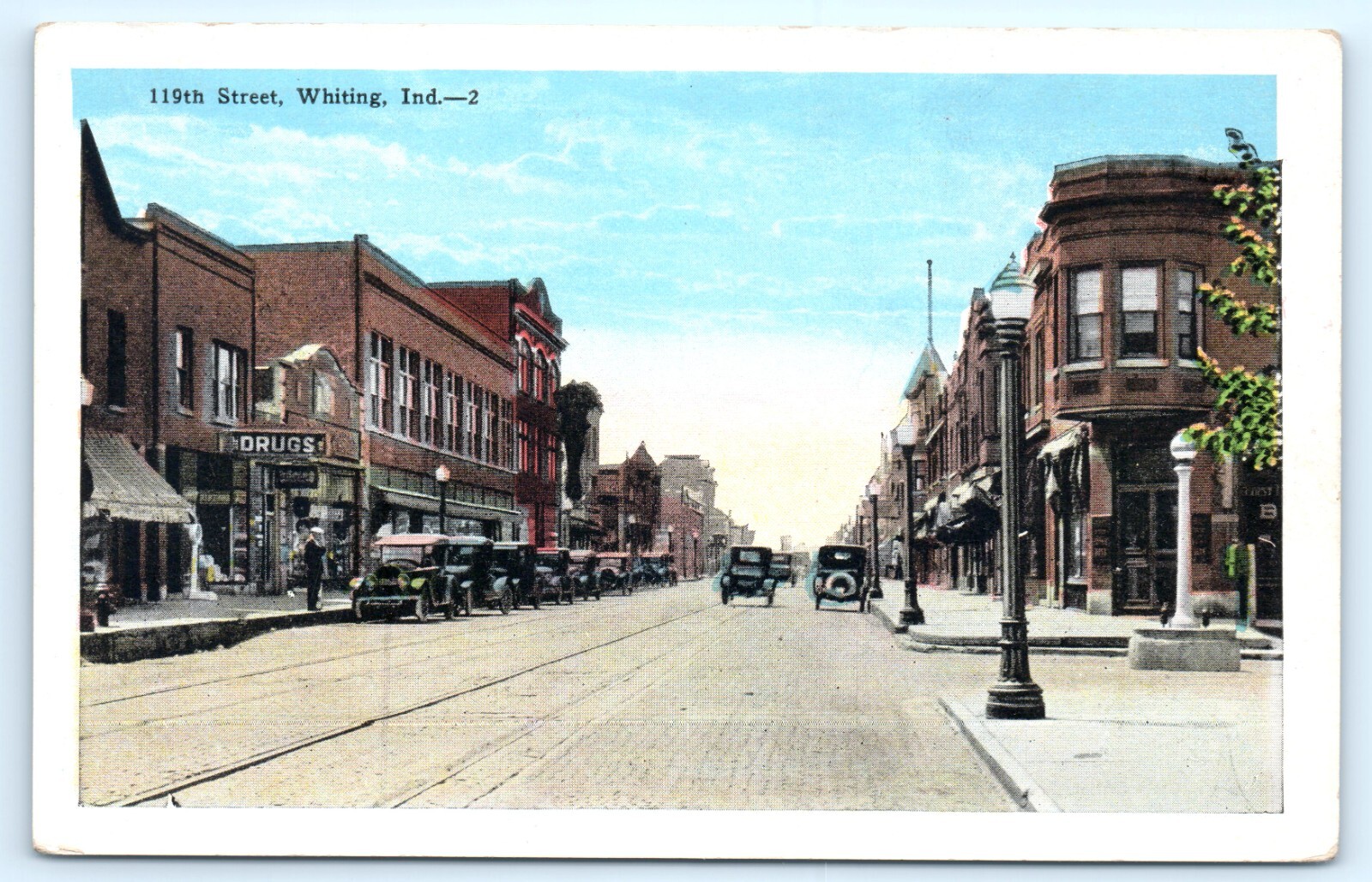 POSTCARD 119th Street Whiting Indiana Drug Storefronts Autos Light ...