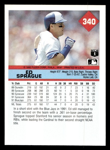 1992 Fleer Ed Sprague #340 Toronto Blue Jays | eBay