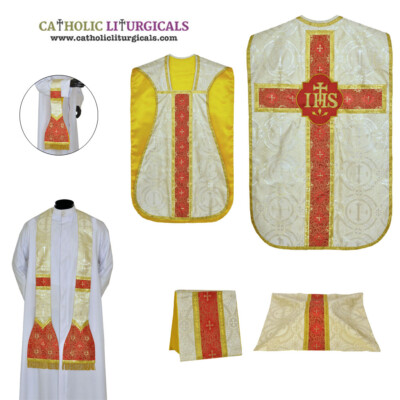 NEW Metallic Gold Roman Fiddleback Chasuble, Fiddleback Vestment 5pcs ...