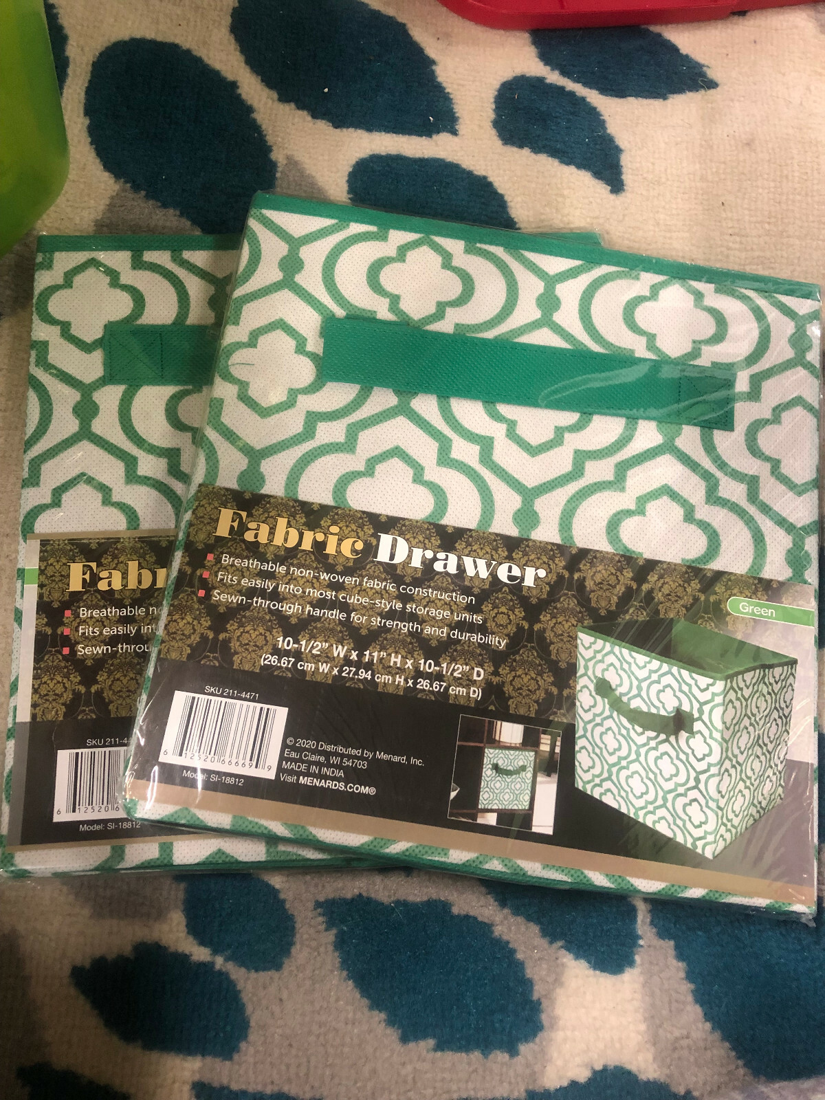 NEW GREEN GEOMETRIC - Lot of 2 Fabric Cube Drawers 10.5"W x 11"H x 10.5 ...