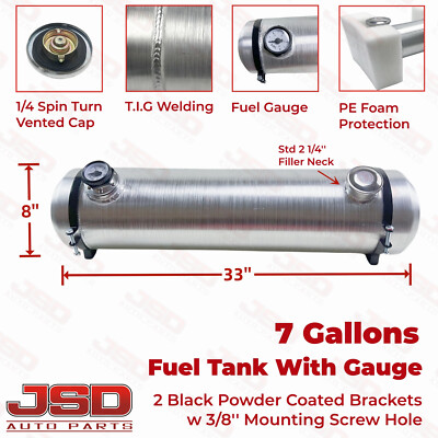 7 Gallon 8x33 Round Gas Tank End Fill Aluminum Spun 1/4 NPT Fuel Tank ...