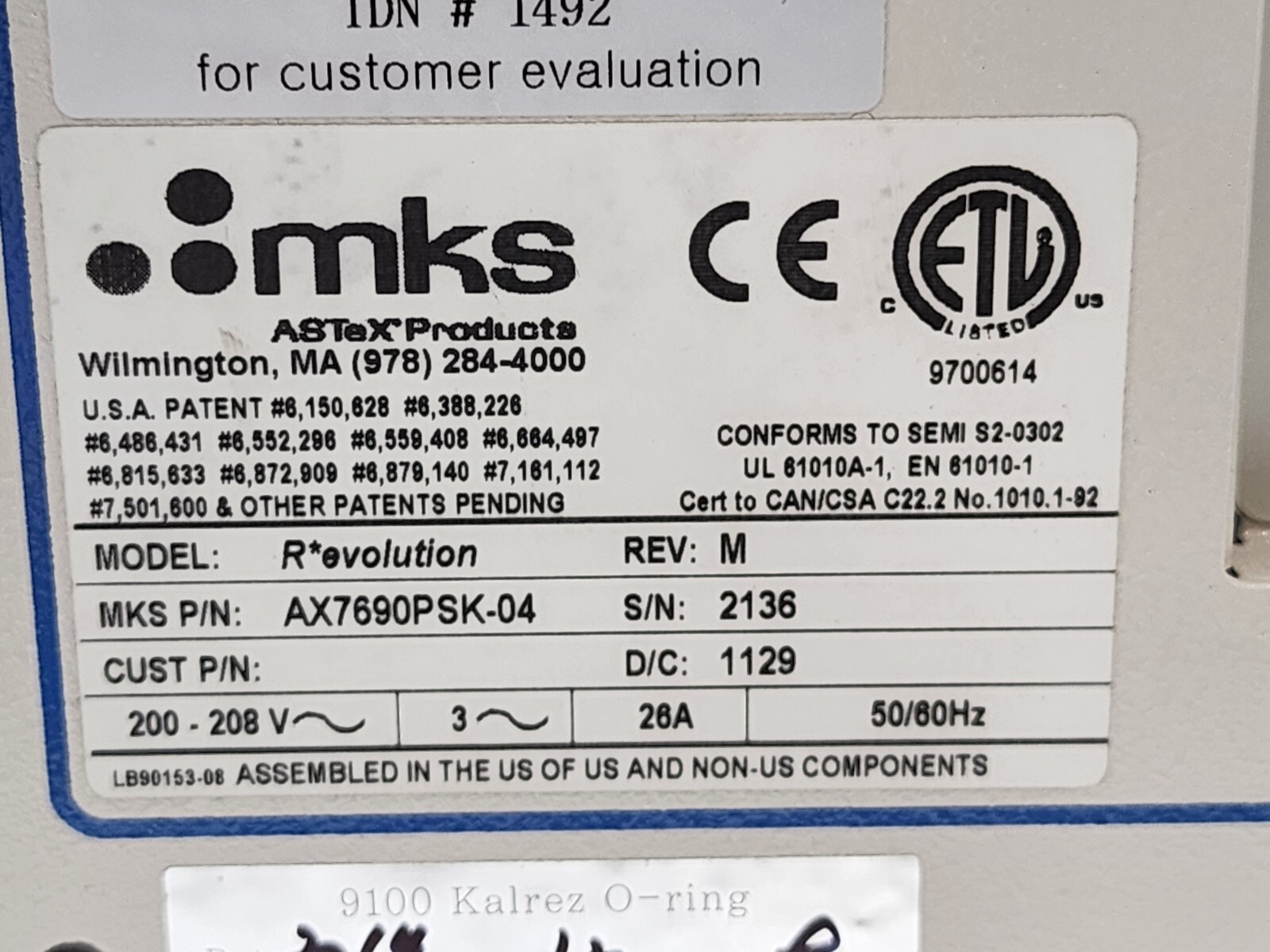 MKS ASTEX Revolution Integrated Rmote Plasma Source AX7690PSK-04 (As-Is ...