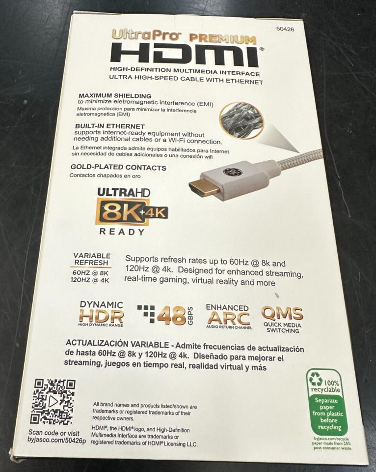 GE Gold Plated HDMI Cable 8K UHDR Ultra High-Speed 8 ft 2.4m 48GBPS ...