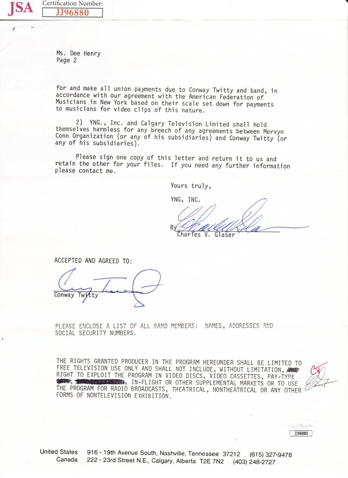 CONWAY TWITTY Signed Autograph Contract JSA | eBay