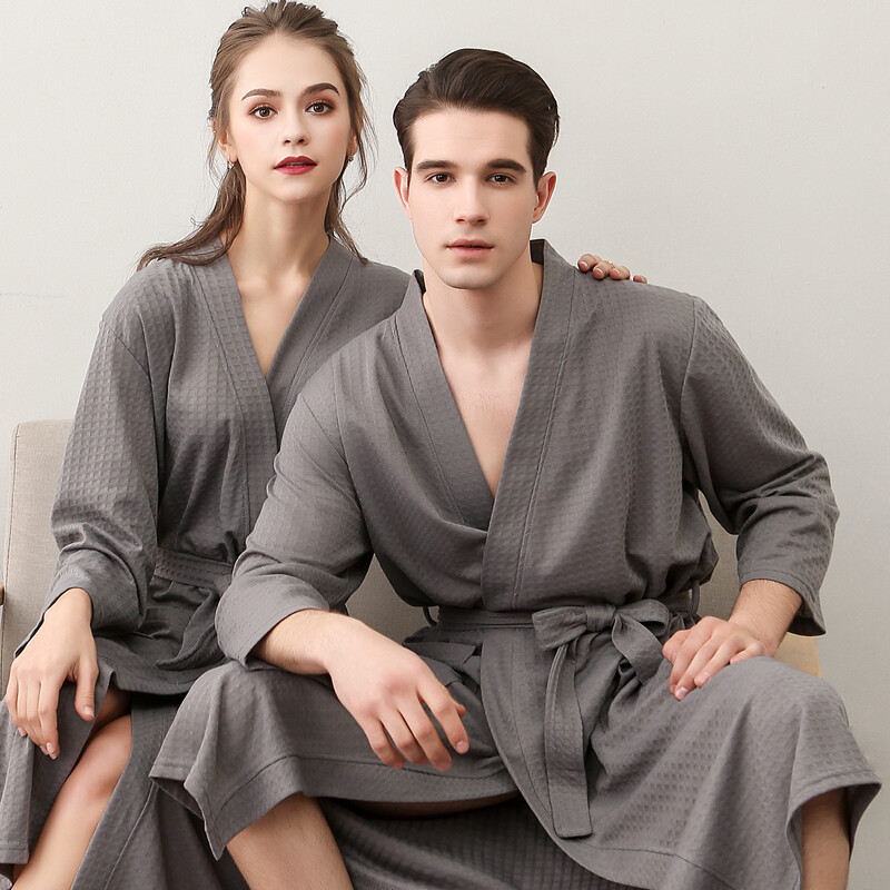 Cotton Grid Lace Up Pocket Couples' Thin Bathwear Bathrobe Sleep Robe ...