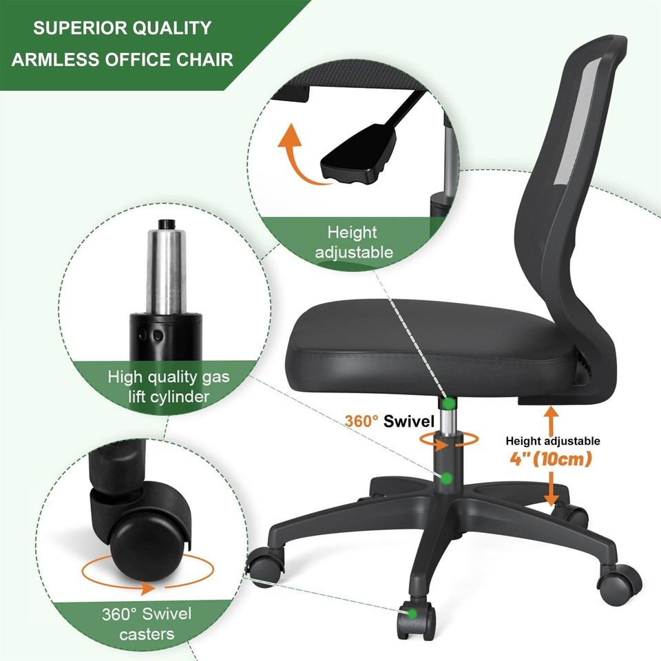 Armless Mesh Small Task Office Chair No Arms with Wheels Height ...