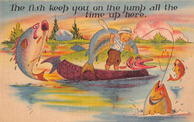 Vintage ORIGINAL Funny Humor Exaggerated Comedy Fishing Linen Postcard ...