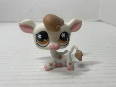Littlest Pet Shop LPS Cow #476 White Brown Spots Flower Eyes Animal ...