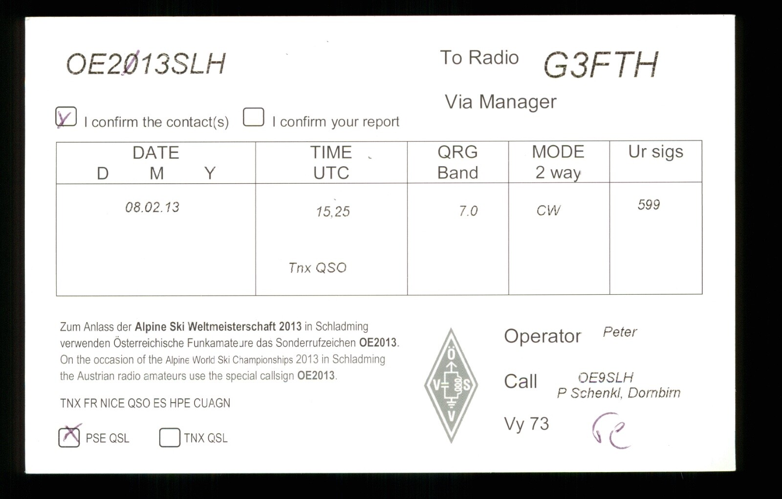 1 x QSL Card Radio Austria OE2013SLH Schladming Alpine ski 2013 ≠ V344 ...