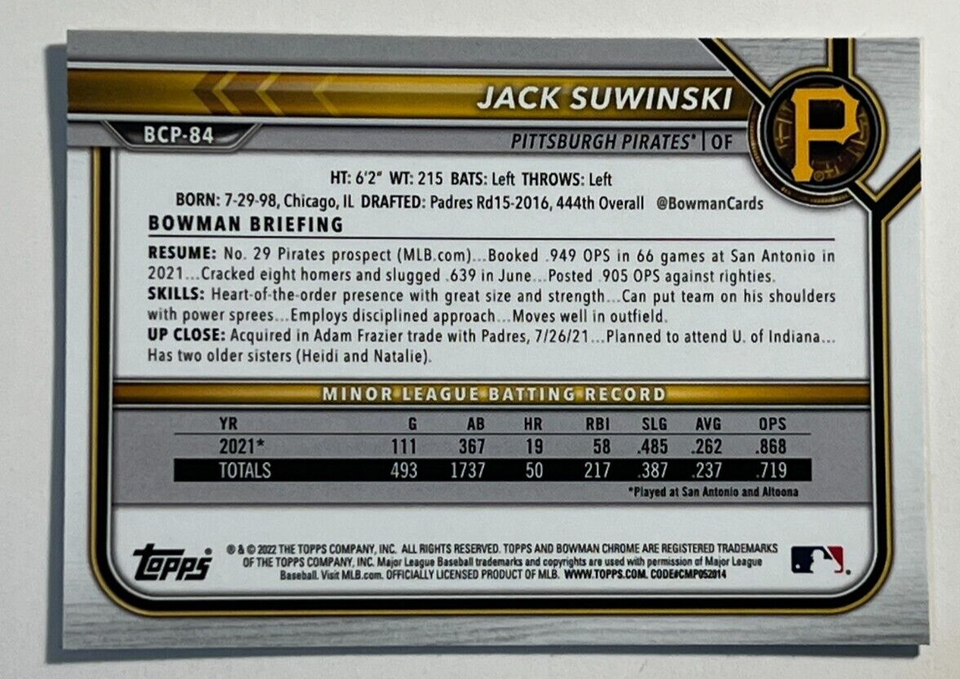 2022 Bowman Chrome Baseball Mega Box 1st Refractor #BCP-84 Jack Suwinski | eBay