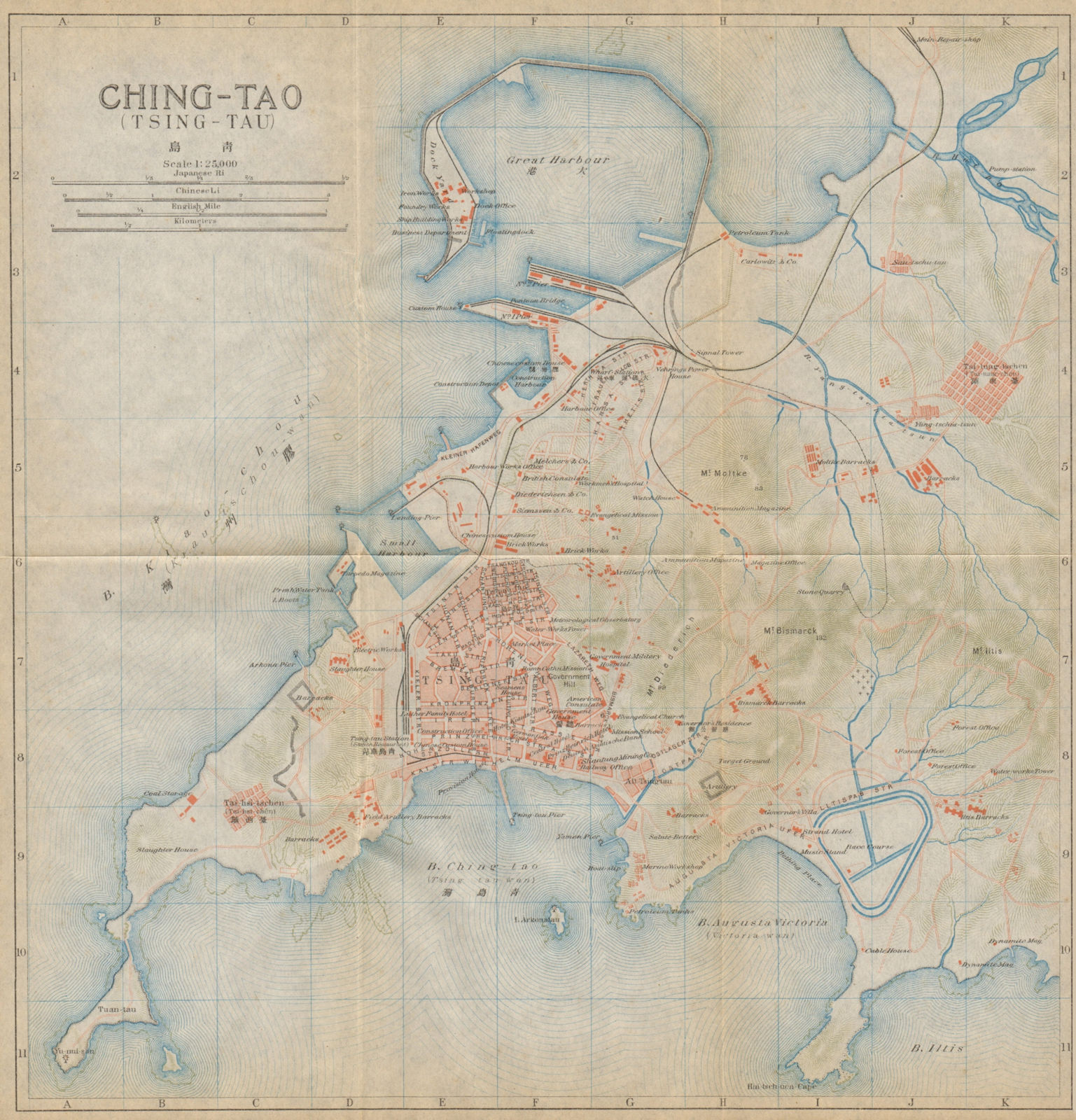 'Ching-tao (Tsing-tau)'. Qingdao antique town city plan. China 1915 old ...