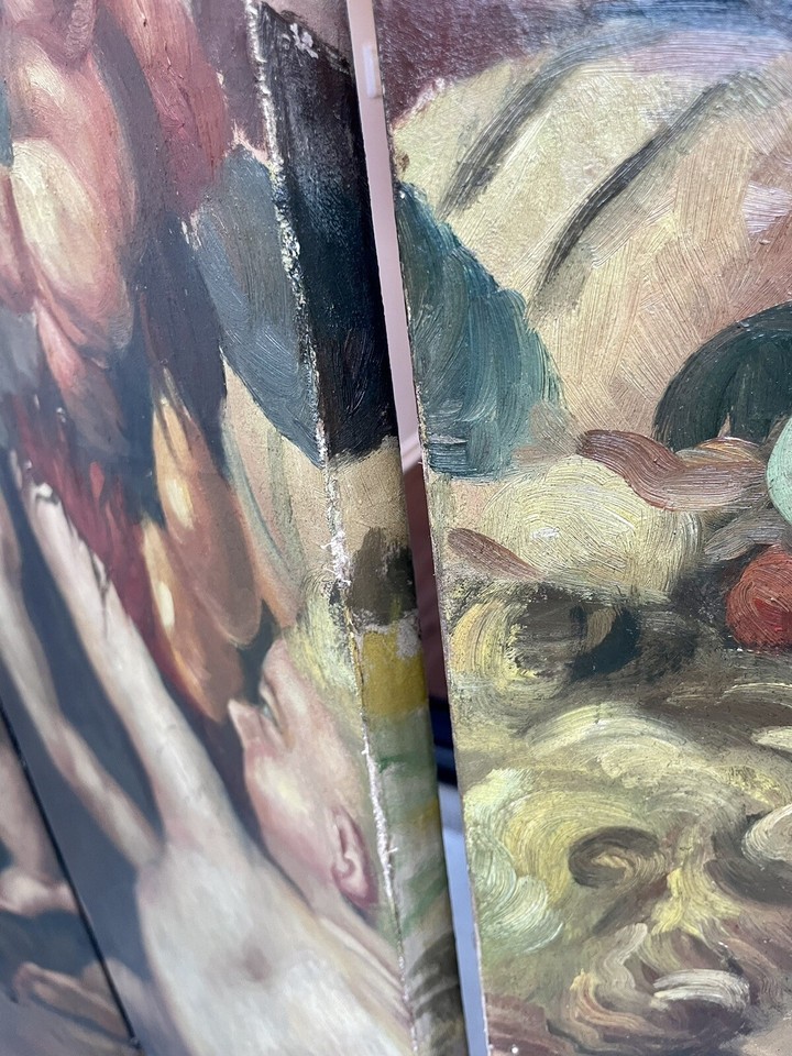 VINTAGE PAINTED WOOD AND LEATHER FOUR PANELS ROOM DIVIDER ANGELS ...