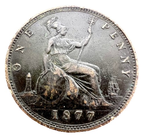 GREAT BRITAIN One Penny 1877 Small Date Victoria Queen KM#755 9.53gr ...