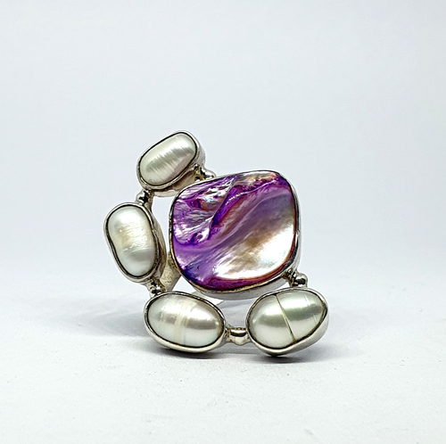 Retro 825 Silver Ring With Purple Mother of Pearl and White Pearls ...