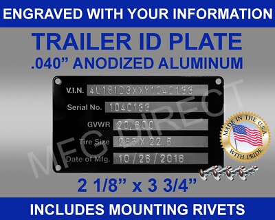 SERIAL NUMBER Trailer TAG PLATE data TAG identification ID CUSTOM ...