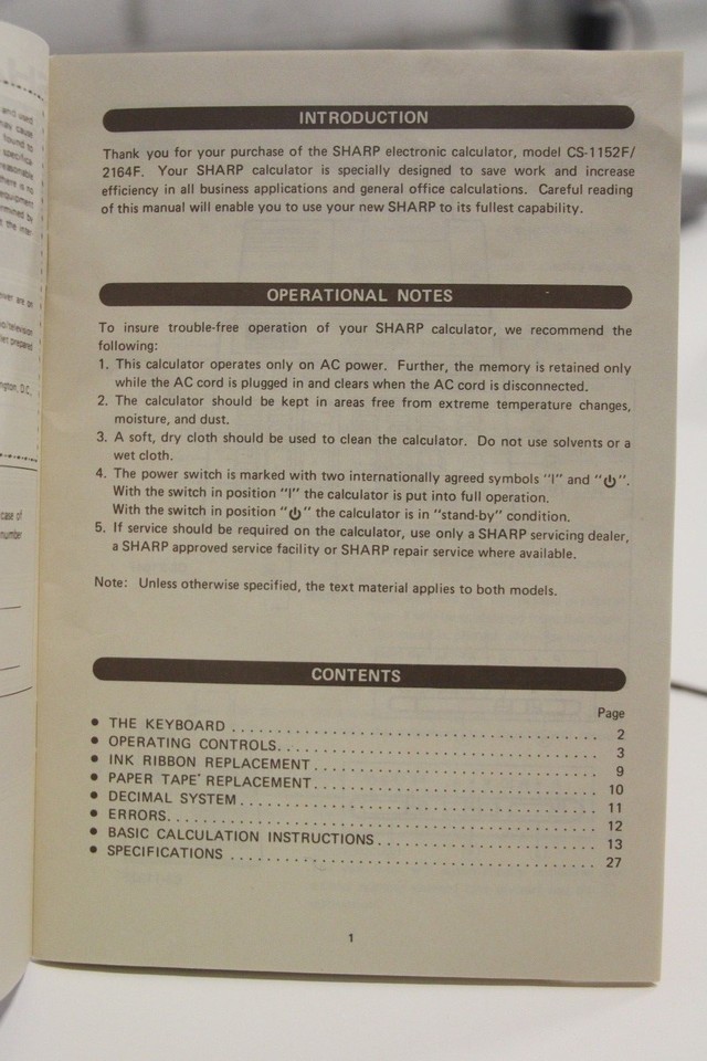 Sharp CS-1152F CS-2164F Electronic Printing Calculator Operation Manual ...