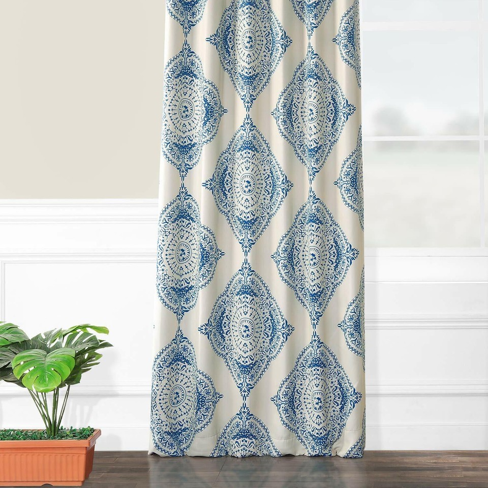Set 2 Blue Ecru Medallion Curtains Panels Drapes 84 96 108 120 in Tab ...