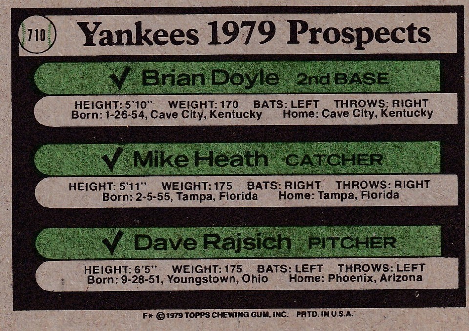 1979 Topps # 710 Yankees Prospects Brian Doyle Mike Heath Dave Rajsich ...