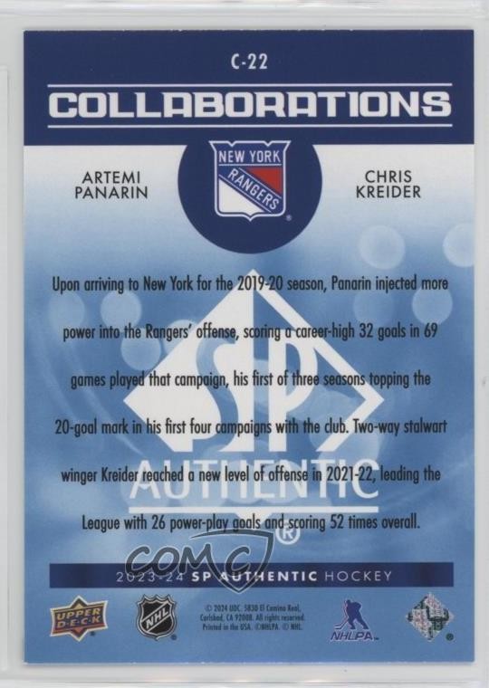 2023-24 SP Authentic Collaborations Blue Artemi Panarin Chris Kreider # ...