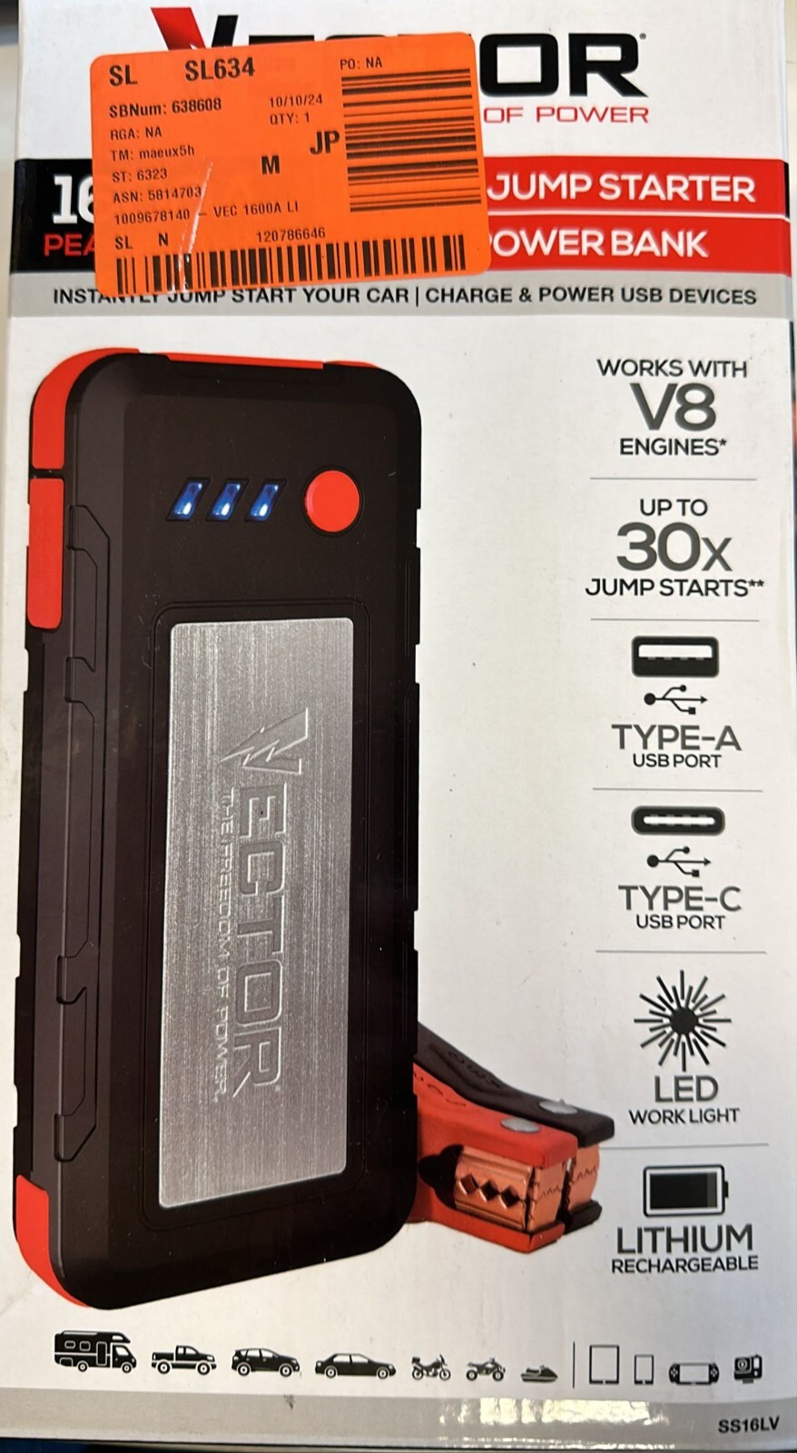 1600 Peak Amp Automotive Lithium Jump Starter, Portable Power - 15W USB ...