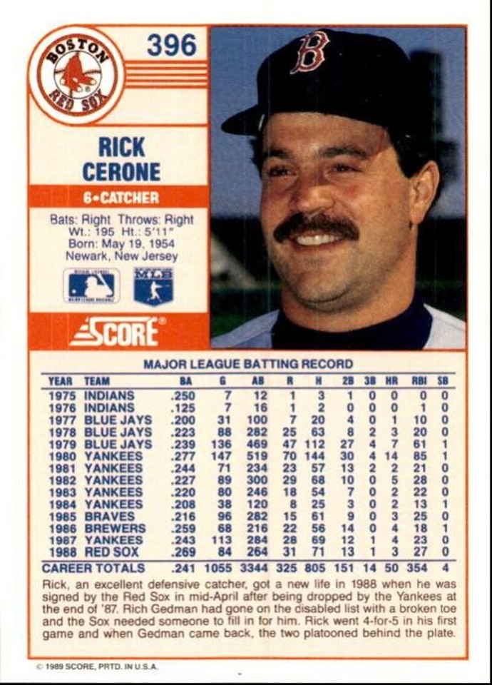 1989 Score Baseball Card Rick Cerone Boston Red Sox #396 | eBay