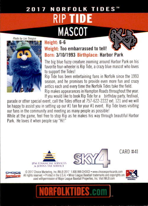 2017 Norfolk Tides Choice #41 Mascot Rip Tide - NM Baseball Card | eBay