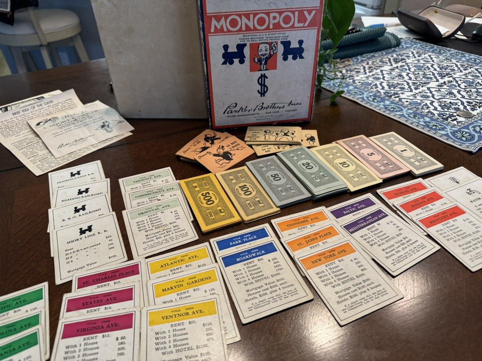 Vintage Lot Monopoly Pieces Rules Money in Original Box Property Cards ...