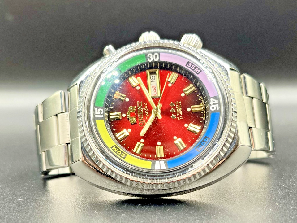 NOS Vintage Orient Three Star Diver Watch Red Sunburst Dial Rotating ...
