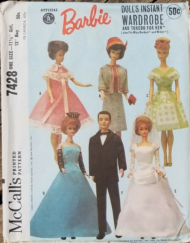 McCalls Sewing Patterns Barbie Doll Clothes 11 1/2" Variety 147 to ...