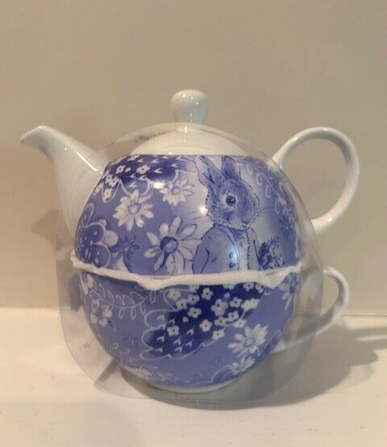 Beatrix Potter Peter Rabbit Tea for One 3 pc Ceramic Teapot Blue Floral ...