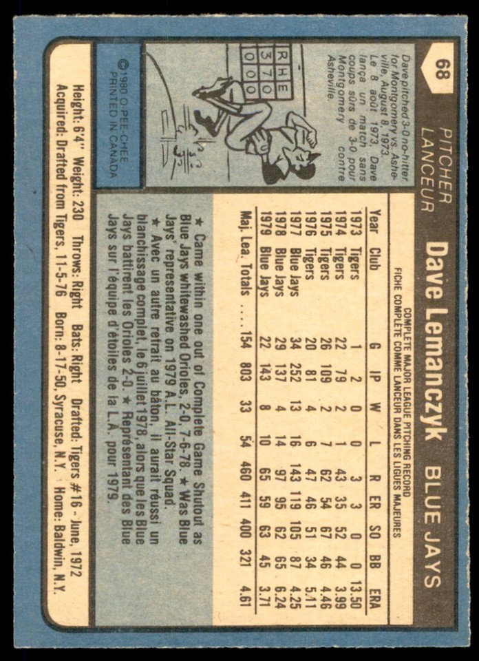 1980 O-PEE-CHEE DAVE LEMANCZYK TORONTO BLUE JAYS #68 | eBay