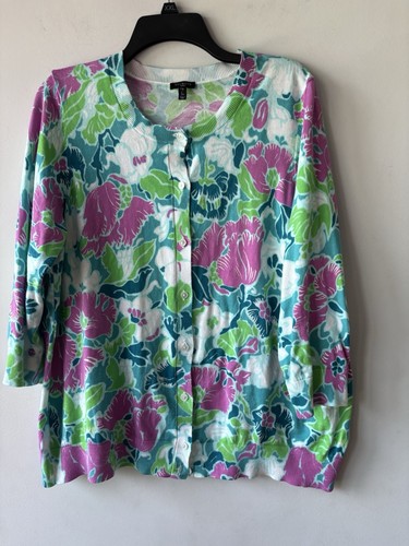Talbots Women Cardigan Sweater 2X Floral Artsy Spring Cotton Dainty 3/4 ...