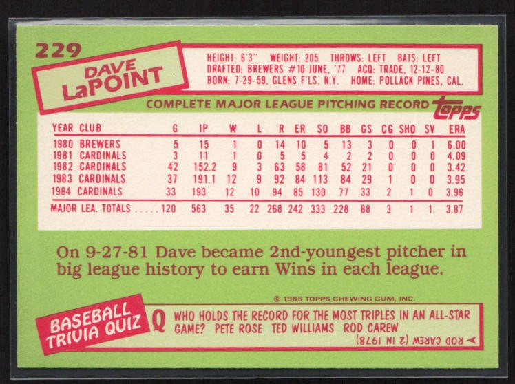 1985 Topps Tiffany #229 Dave LaPoint | eBay