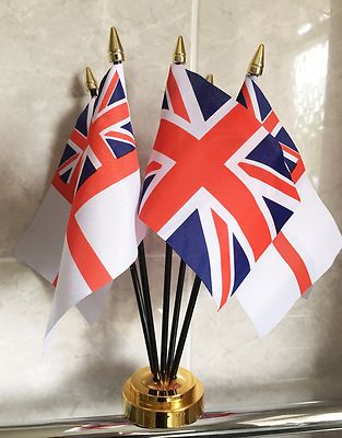 BRITISH ROYAL NAVY WHITE ENSIGN X4 & UNION JACK TABLE FLAG SET 5 flags ...
