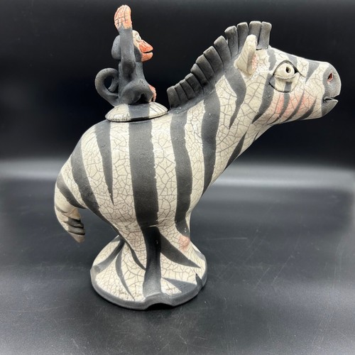 Peter Alsen Raku Pottery Oregon Zebra with Monkey Vessel Whimsical ...